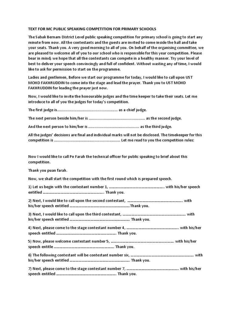 Text For MC Public Speaking Competition For Primary Schools | PDF