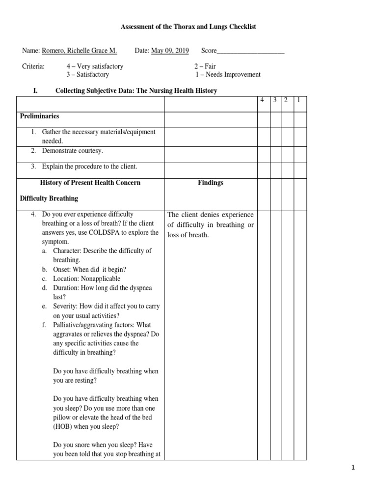 Thorax and Lungs Assessment Checklist | PDF | Thorax | Cough