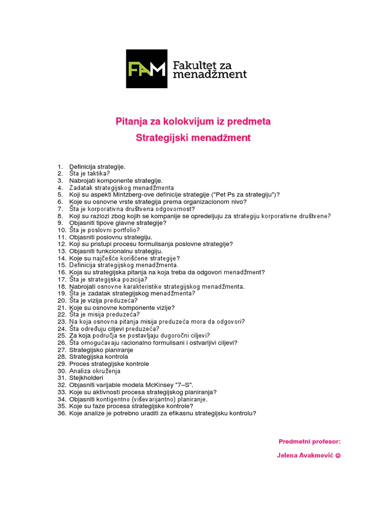 Kolokvijum Pitanja Strategijski Menadzment | PDF