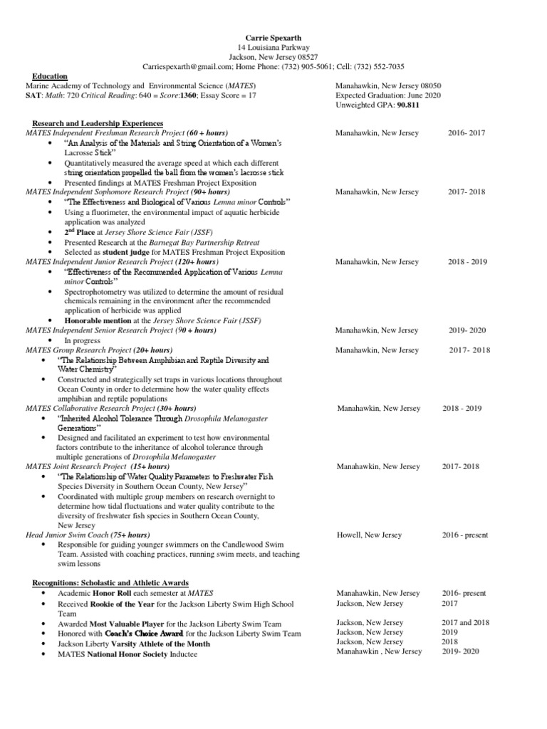 Carrie Spexarth Resume 1 | Download Free PDF | Swimming (Sport) | Sports