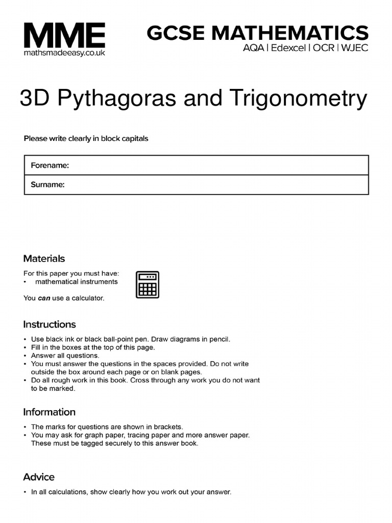 3D Trigonometry and Pythagoras Worksheet | PDF | Triangle | Euclid