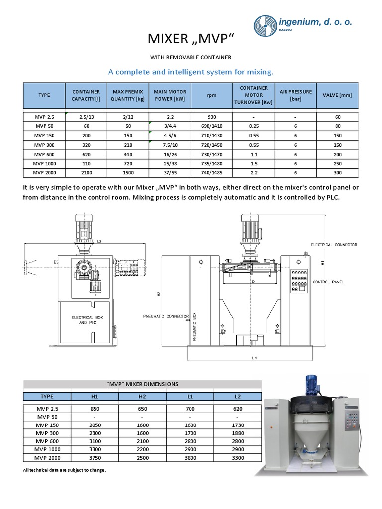 MVP Mixer Specifications and Features | PDF | Machines | Mechanical ...