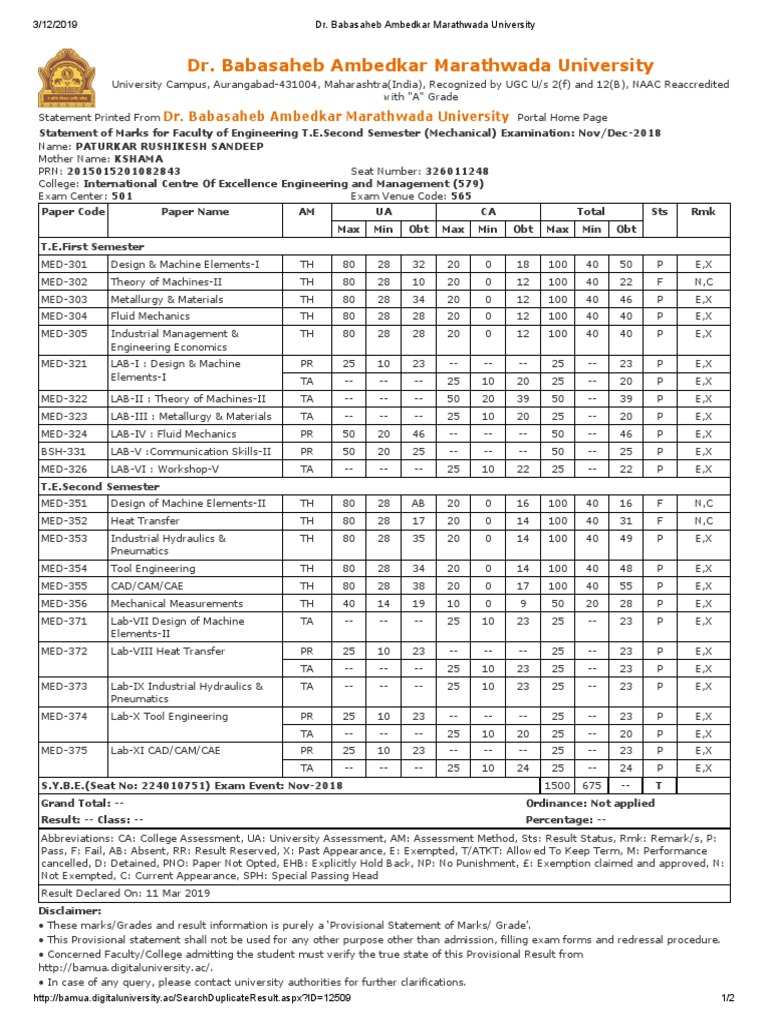 B.Tech Mechanical Engineering Marksheet | PDF | Engineering