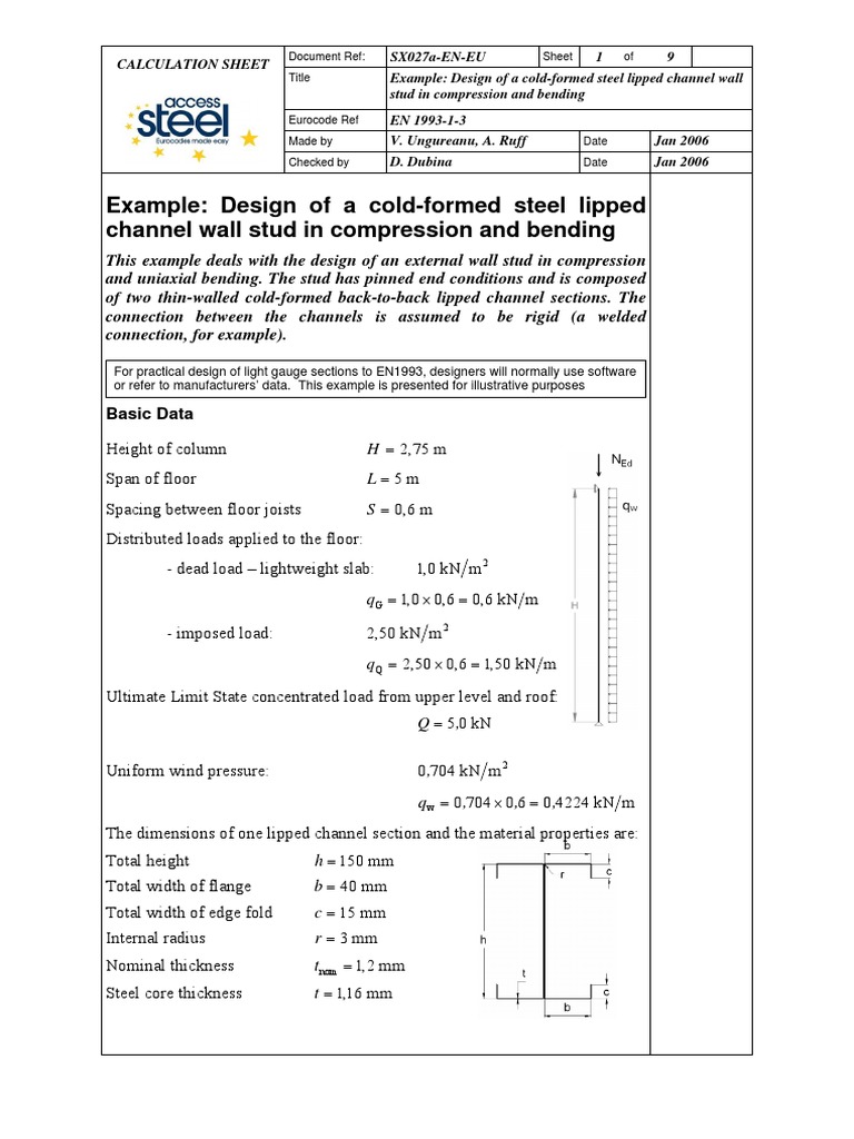 Design of Cold Formed Lipped Channel Wall Stud | PDF | Bending | Buckling