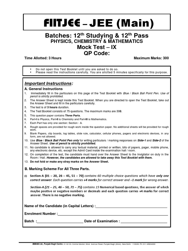 JEE Mock Test for 12th Students | PDF | Diffraction | Physical Chemistry