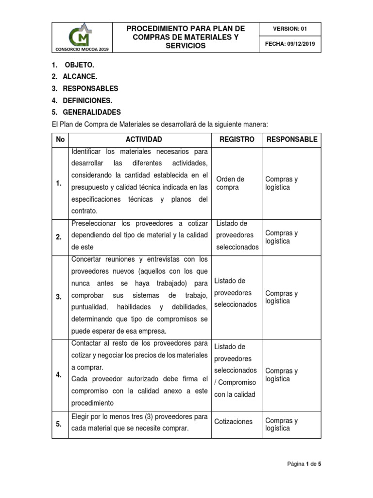 Procedimiento para Plan de Compras de Materiales y Servicios | PDF ...