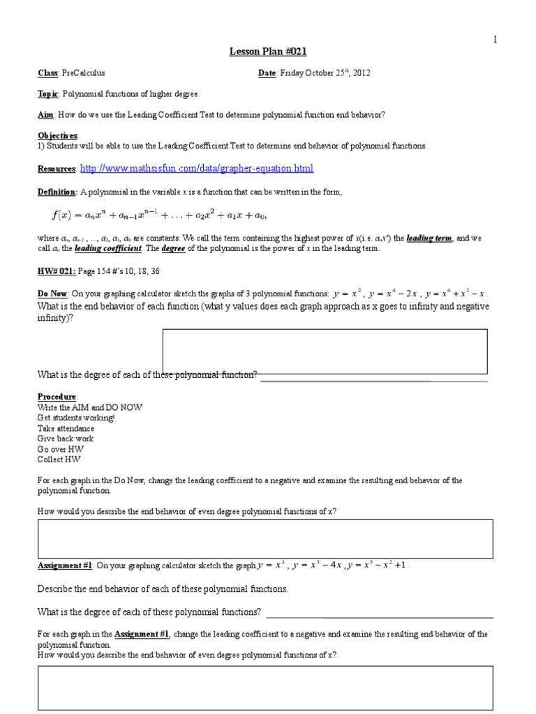 PreCalculus Fall 2012 Lesson 021 - End Behavior of Polynomial Functions ...