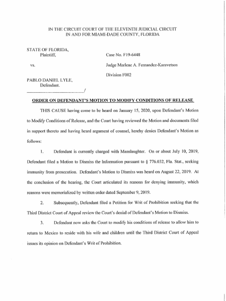 Order On Pablo Lyle's Motion To Modify Conditions of Release | PDF