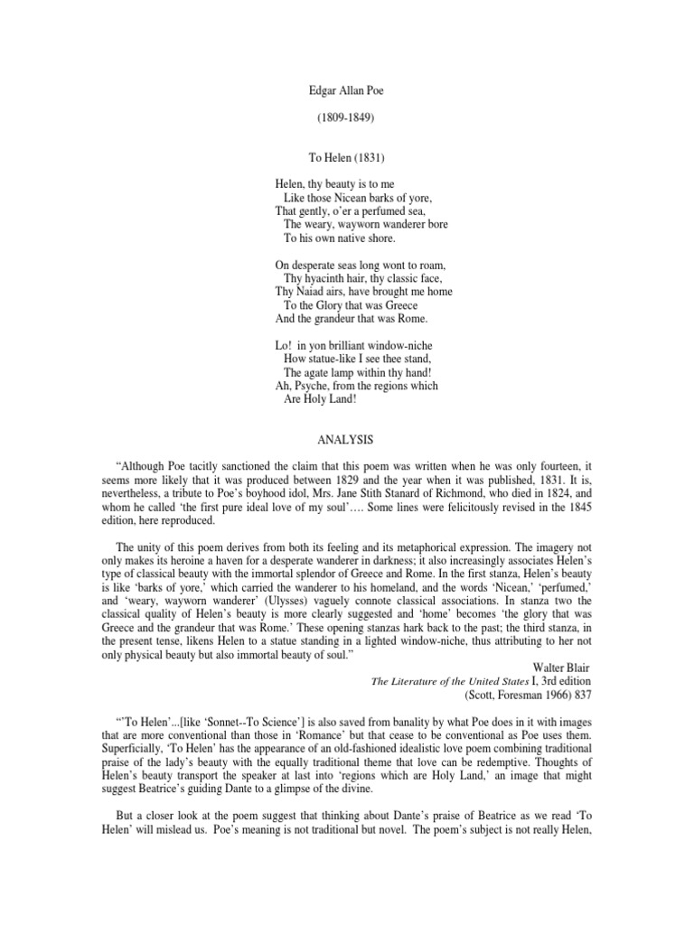 Analysis of Poe's "To Helen" Poem | PDF | Poetry