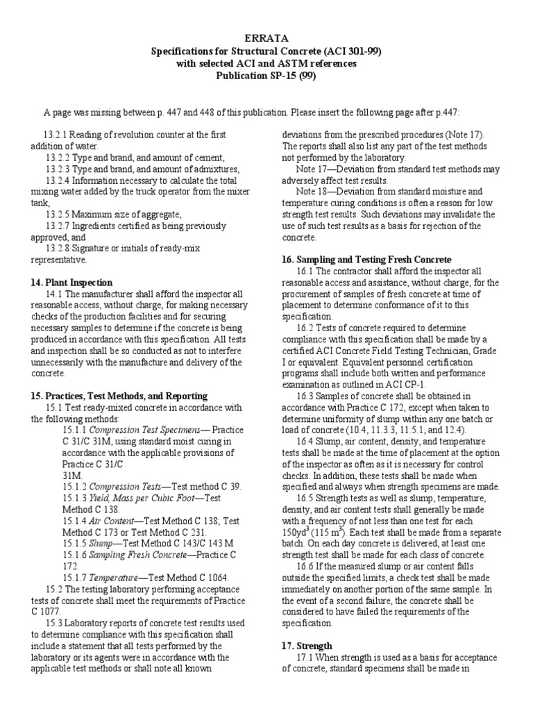 Specifications for Structural Concrete (ACI 301-99) with selected ACI ...