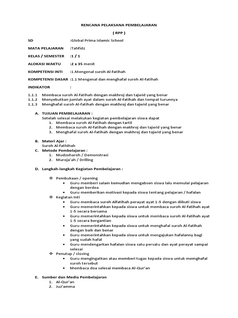 RPP Tahfidz Sem. 1 & 2 | PDF | Kajian Bahasa Asing