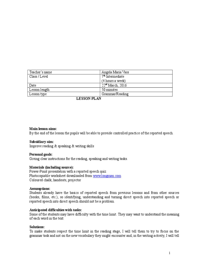 Lesson Plan Reported Speech 7d | PDF | Linguistics | Grammar