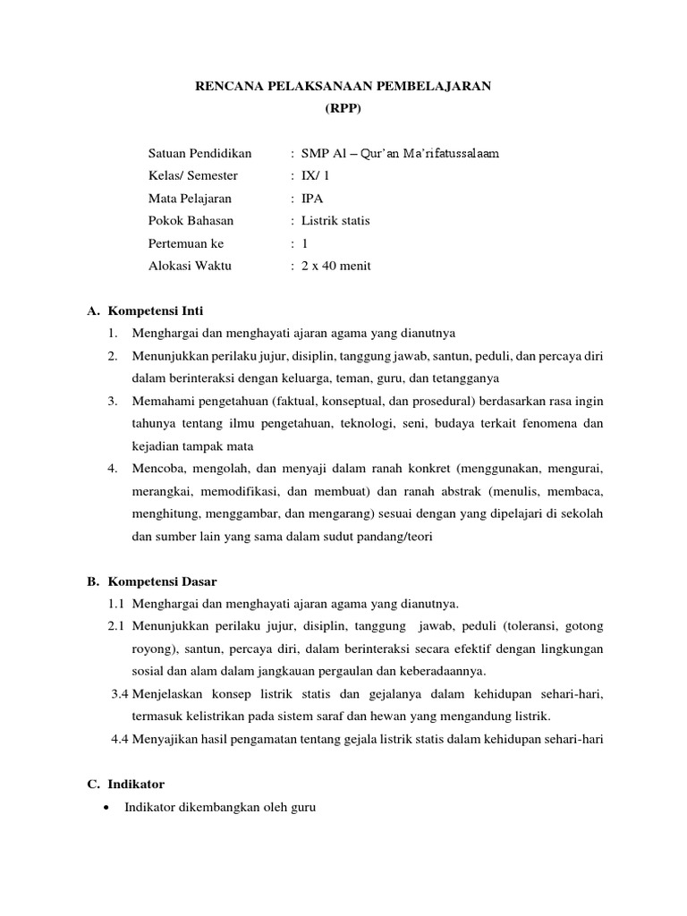 RPP JSIT Listrik Statis SMP Dan Praktikum Membuat Elektroskop Sederhana ...