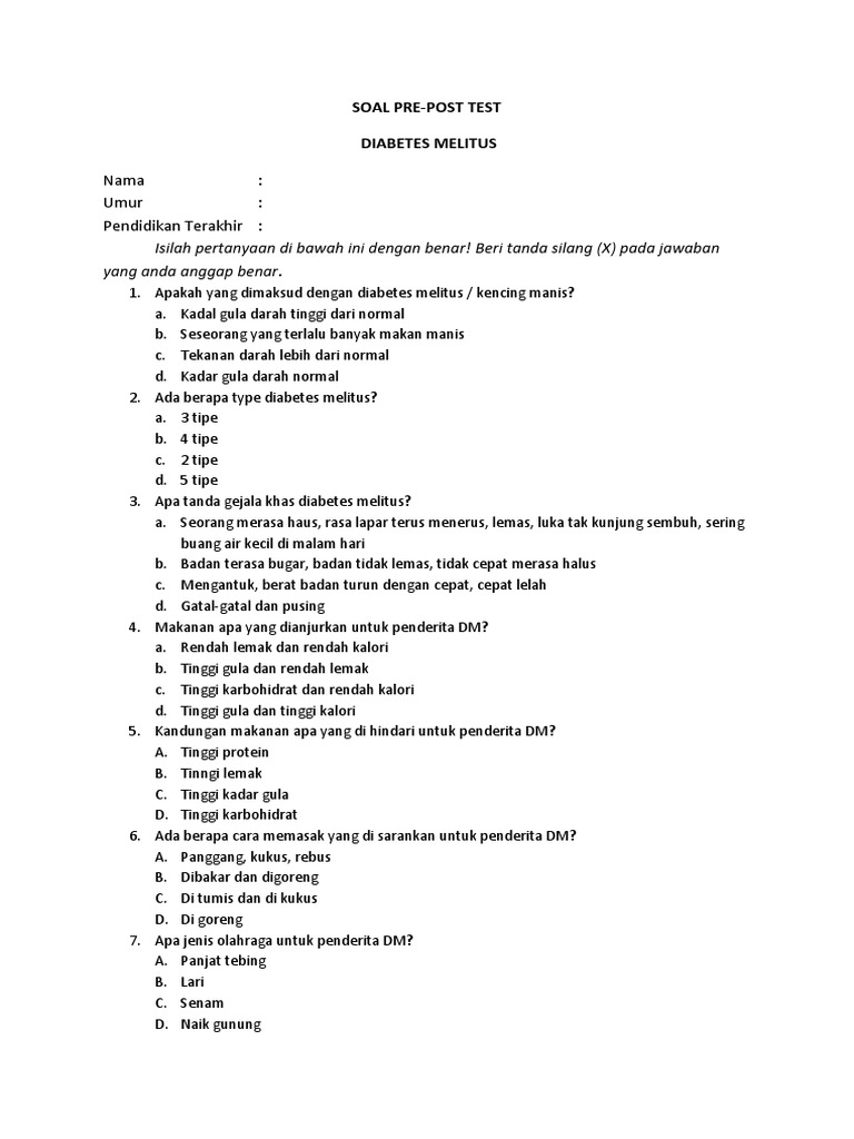 Diabetes Mellitus Soal Pre-Post Test | PDF