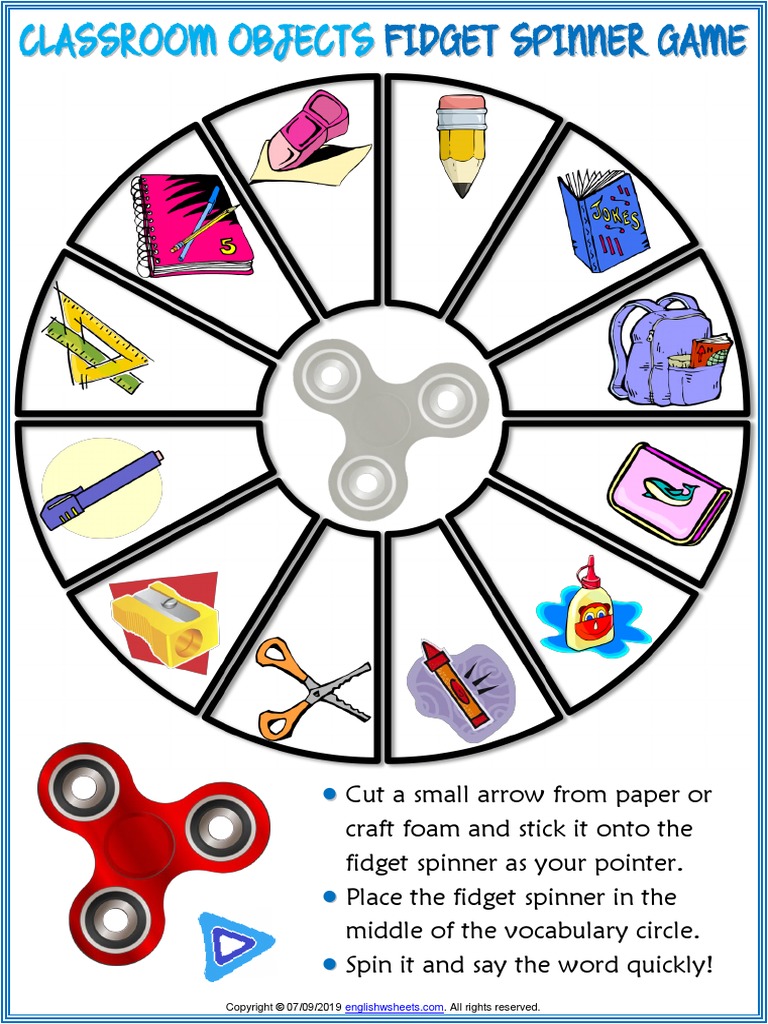 Classroom Objects Vocabulary Esl Printable Fidget Spinner Game For Kids ...