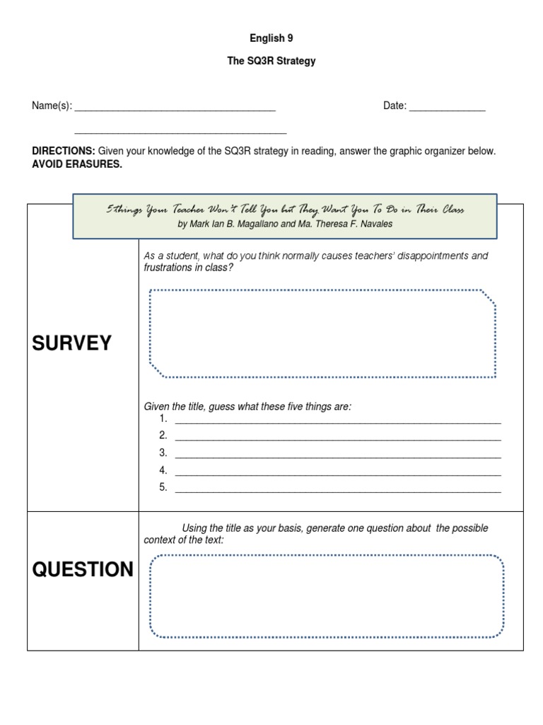 English 9 THE SQ3R Strategy | PDF | Teachers | Classroom