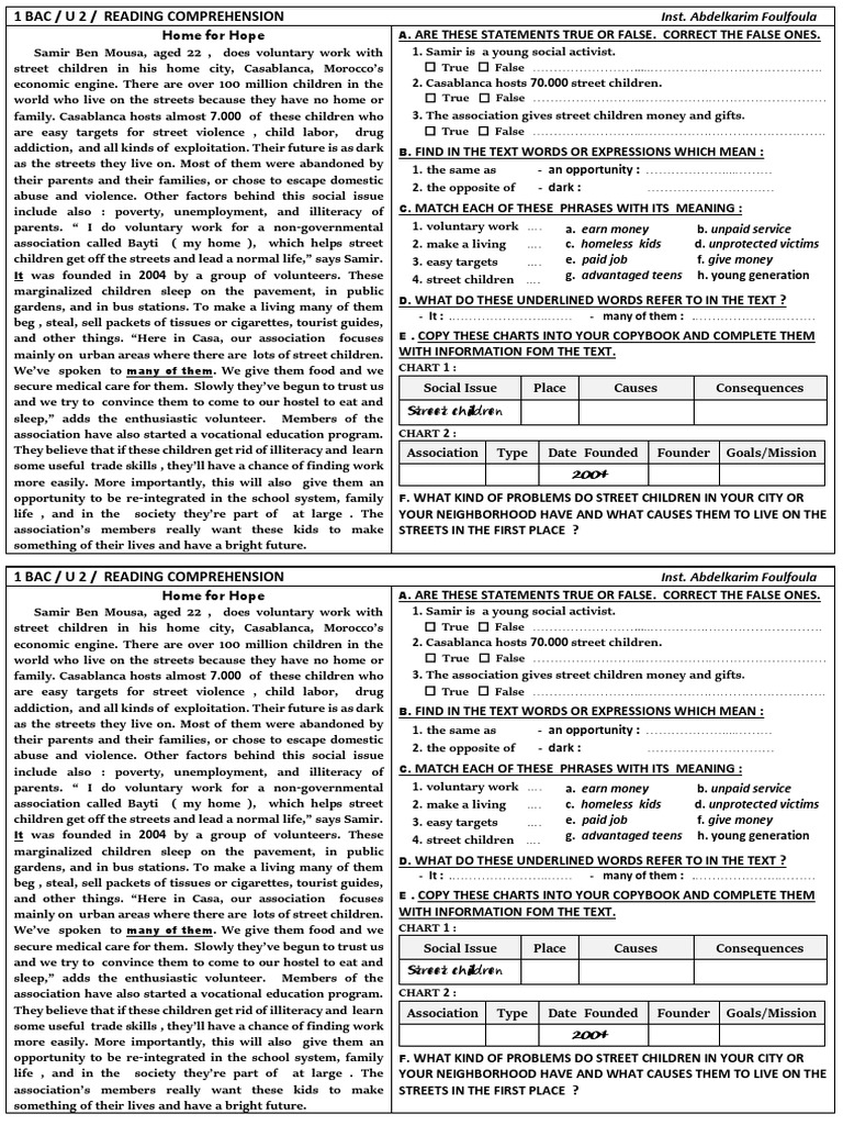 1 Bac Reading U2 - Society PDF | PDF | Volunteering | Social Institutions