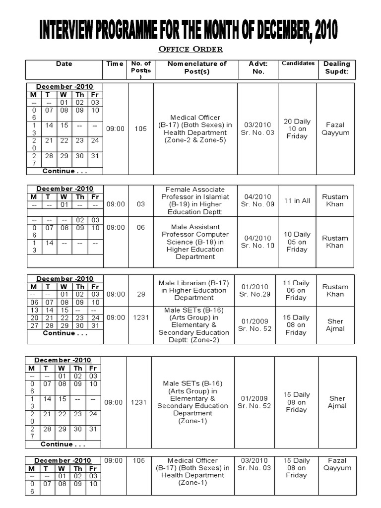 Interview Program For December-2010 | PDF | Health Sciences | Academia