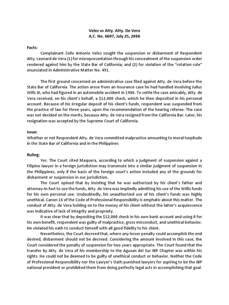 Velez Vs Atty. de Vera | PDF | State Bar Of California | Disbarment