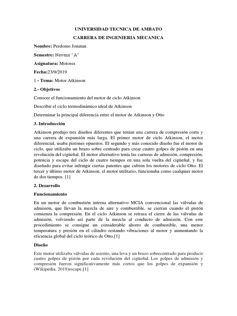 Motor Atkinson: Eficiencia y Diseño | PDF | Motor de combustión interna ...