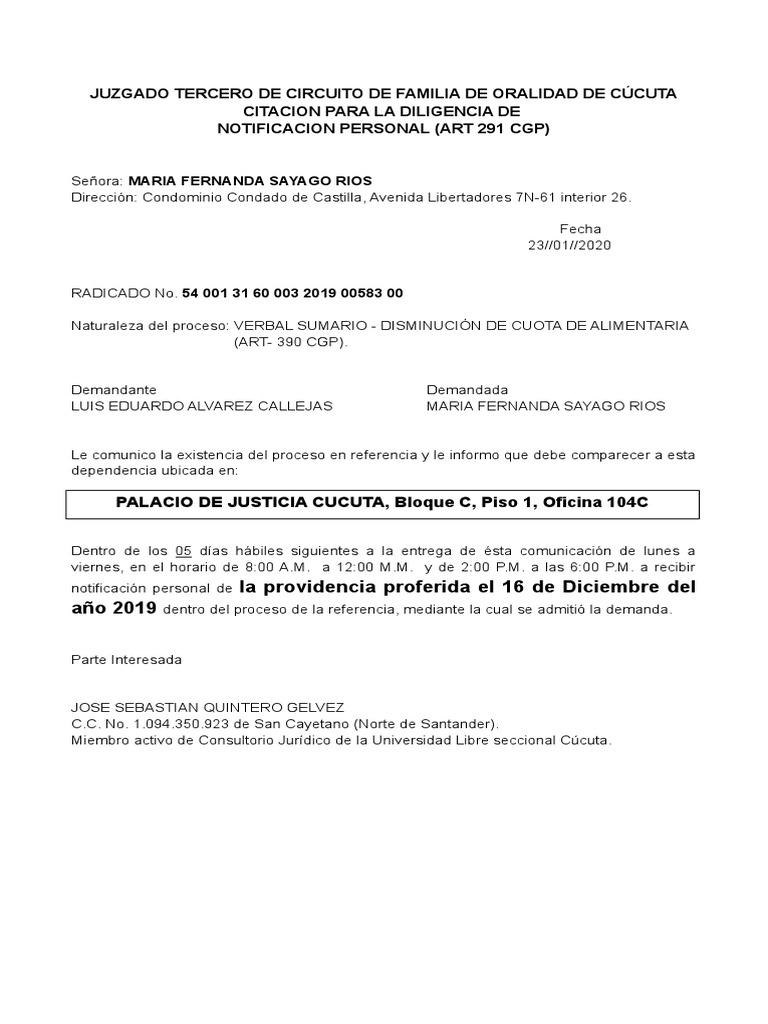 Notificacion Personal Art 291 CGP | PDF Notificacion Personal Art 291 CGP | PDF