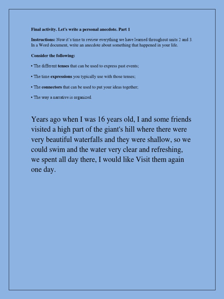 Final Activity. Let's Write A Personal Anecdote. Part 1 | PDF