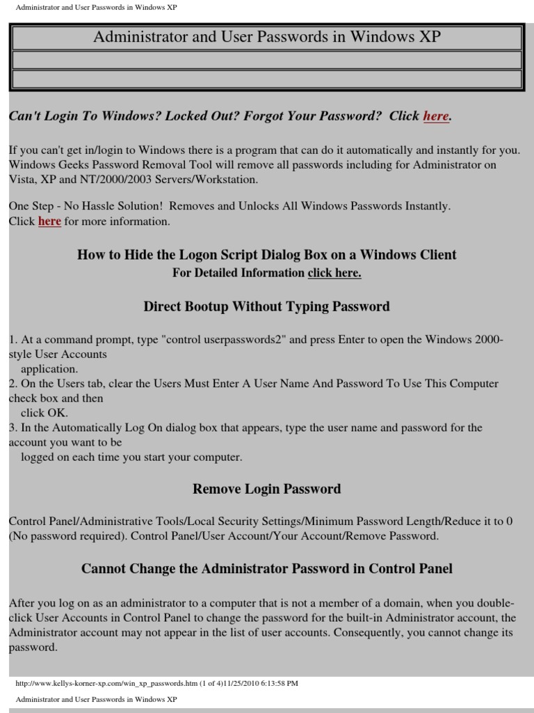 Administrator and User Passwords in Windows XP | PDF | Windows Registry ...