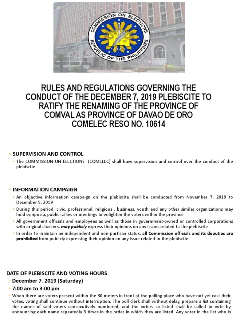 Plebiscite Rules for Davao de Oro Rename | PDF | Polling Place | Voting