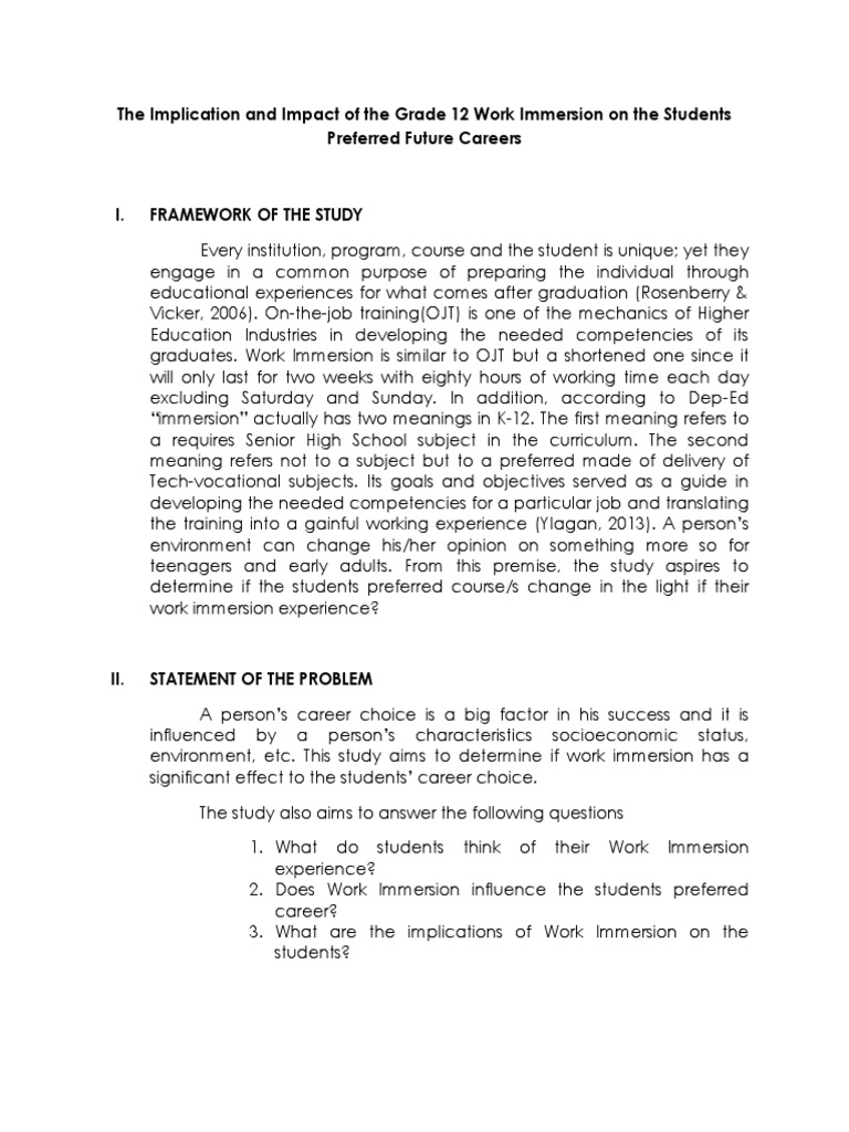 The Impact of Work Immersion on Senior High School Students' Career ...