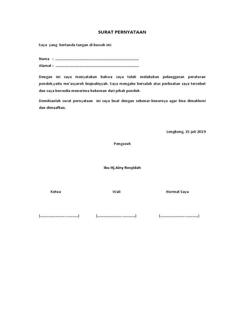 SURAT PERNYATAAN Pelanggaran Pondok | PDF