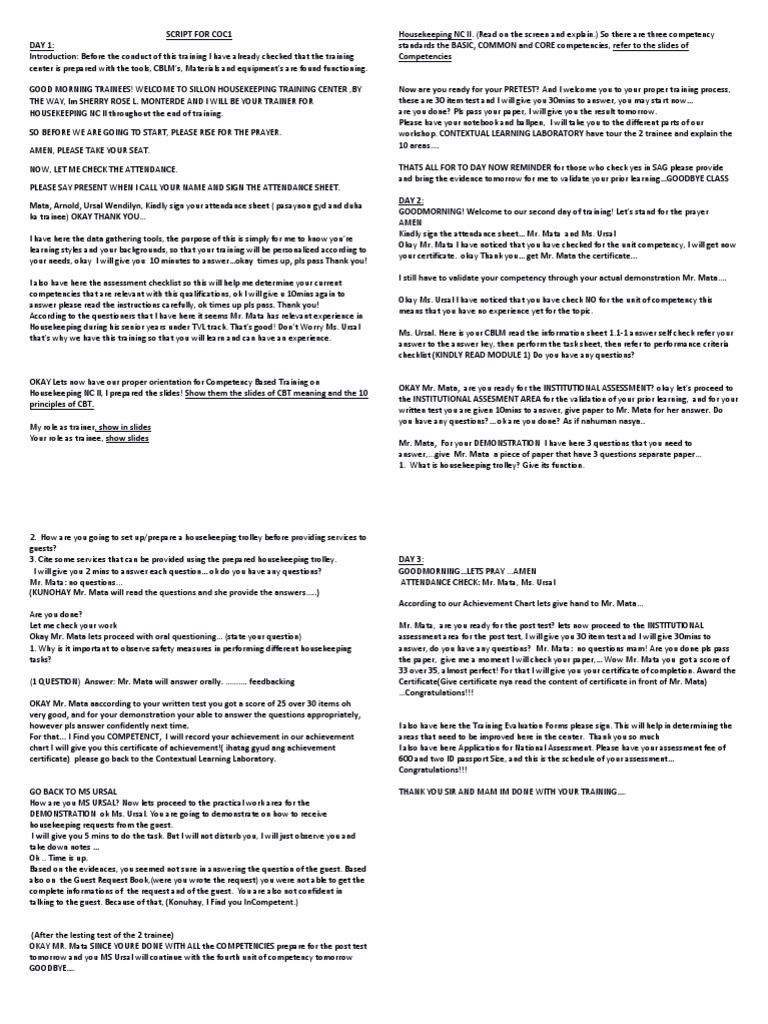Script for Housekeeping NC II Training | PDF | Educational Assessment ...
