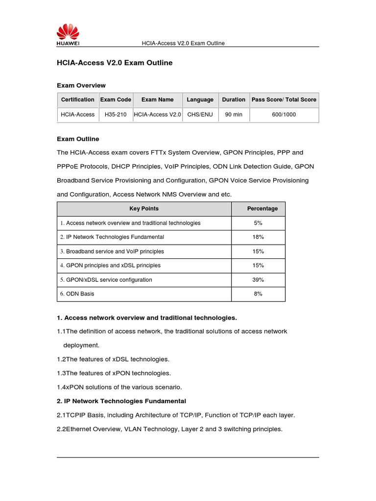 HCIA-Access V2.0 Exam Outline | PDF | Digital Subscriber Line | Voice ...