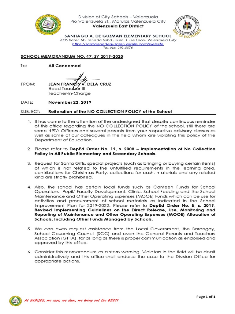 No Collection Policy Reiteration Memo | PDF | Learning | Government