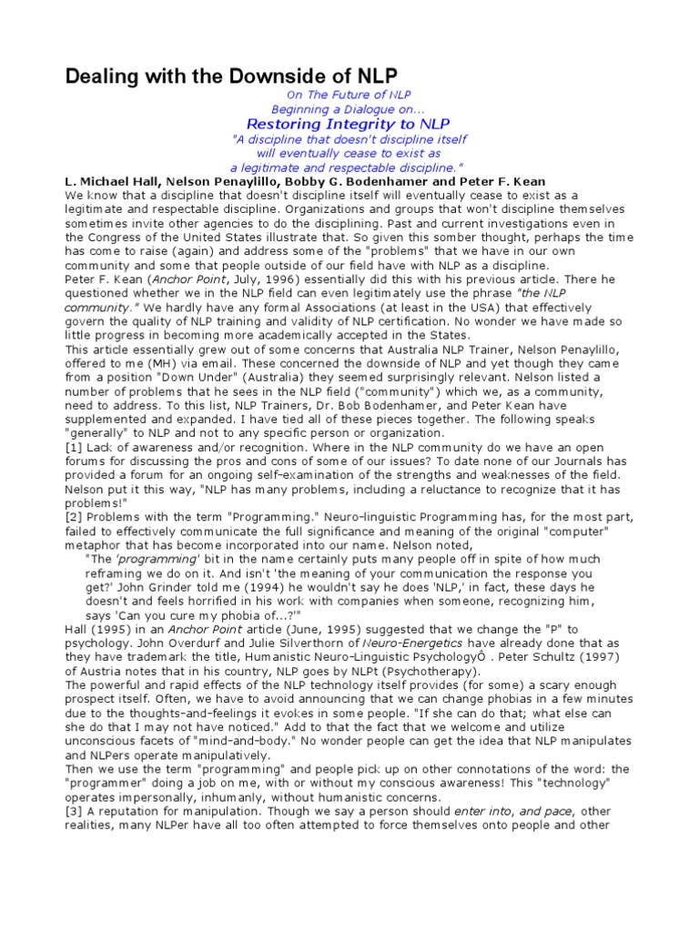 NLP - L. Michael Hall Dealing With The Downside of NLP | PDF | Neuro ...