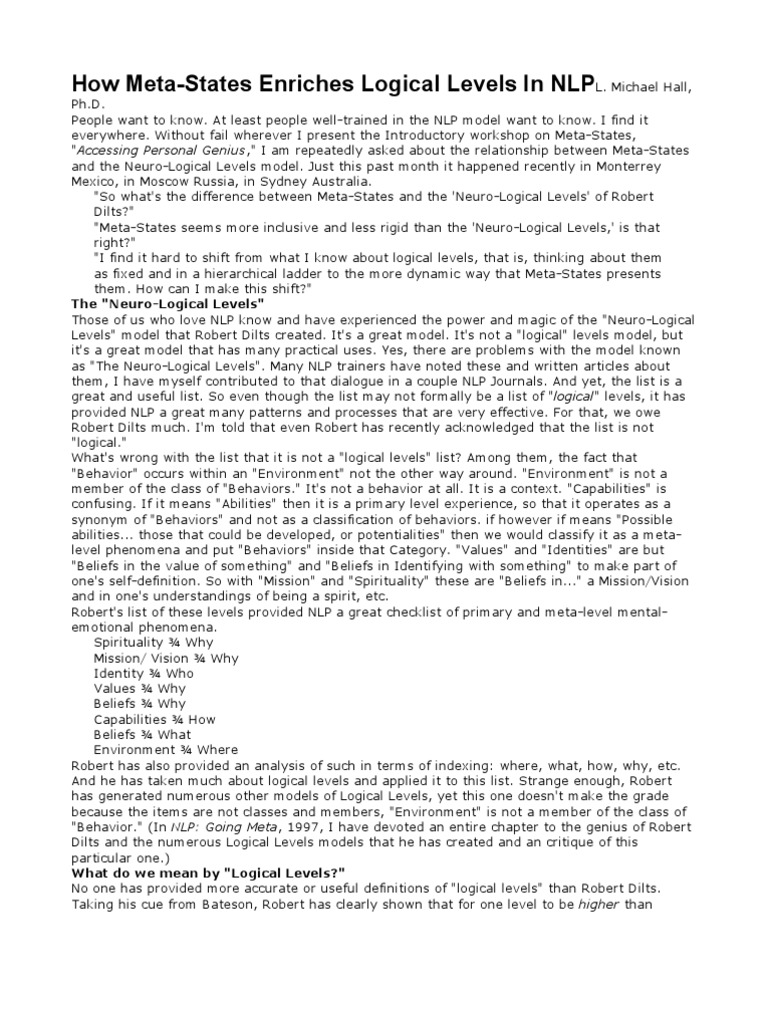 NLP - L. Michael Hall Meta States in Logical Levels | PDF | Thought | Logic