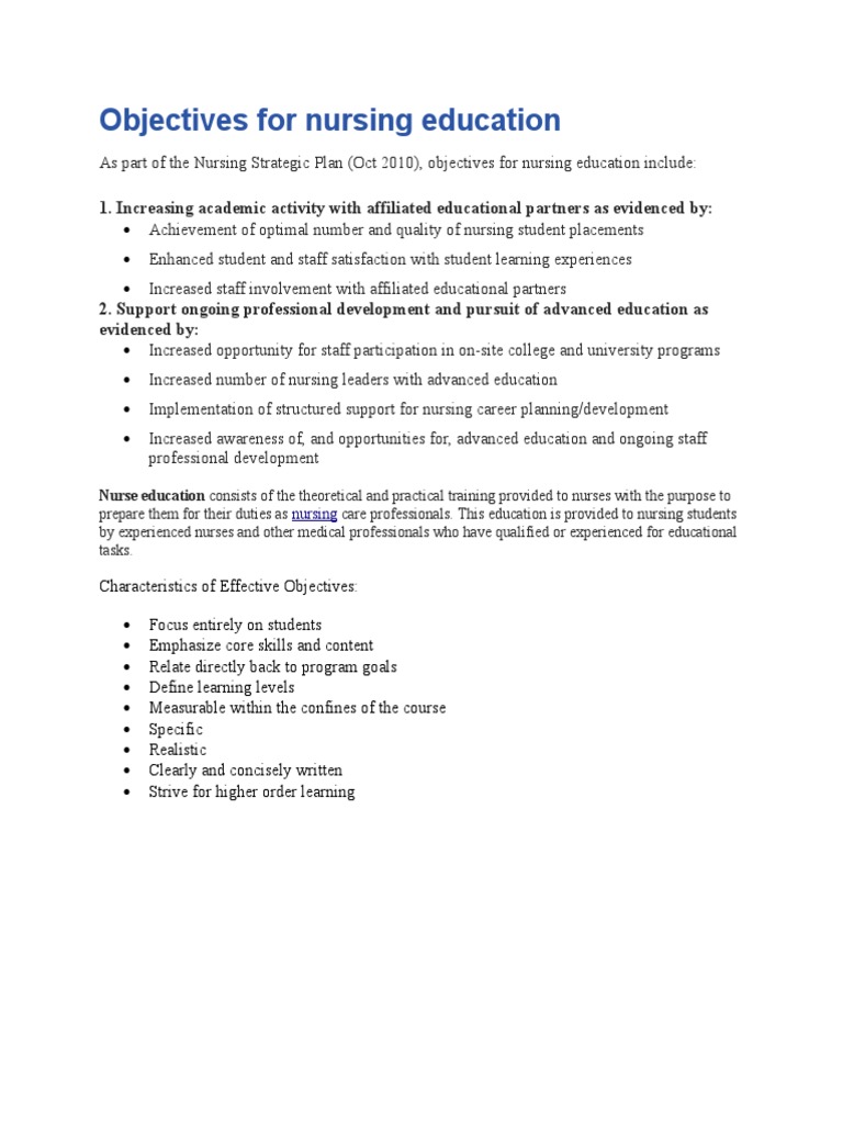Objectives For Nursing Education | PDF