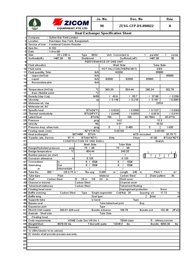 Specification Sheet for a Fractional Column Reboiler and Overhead ...