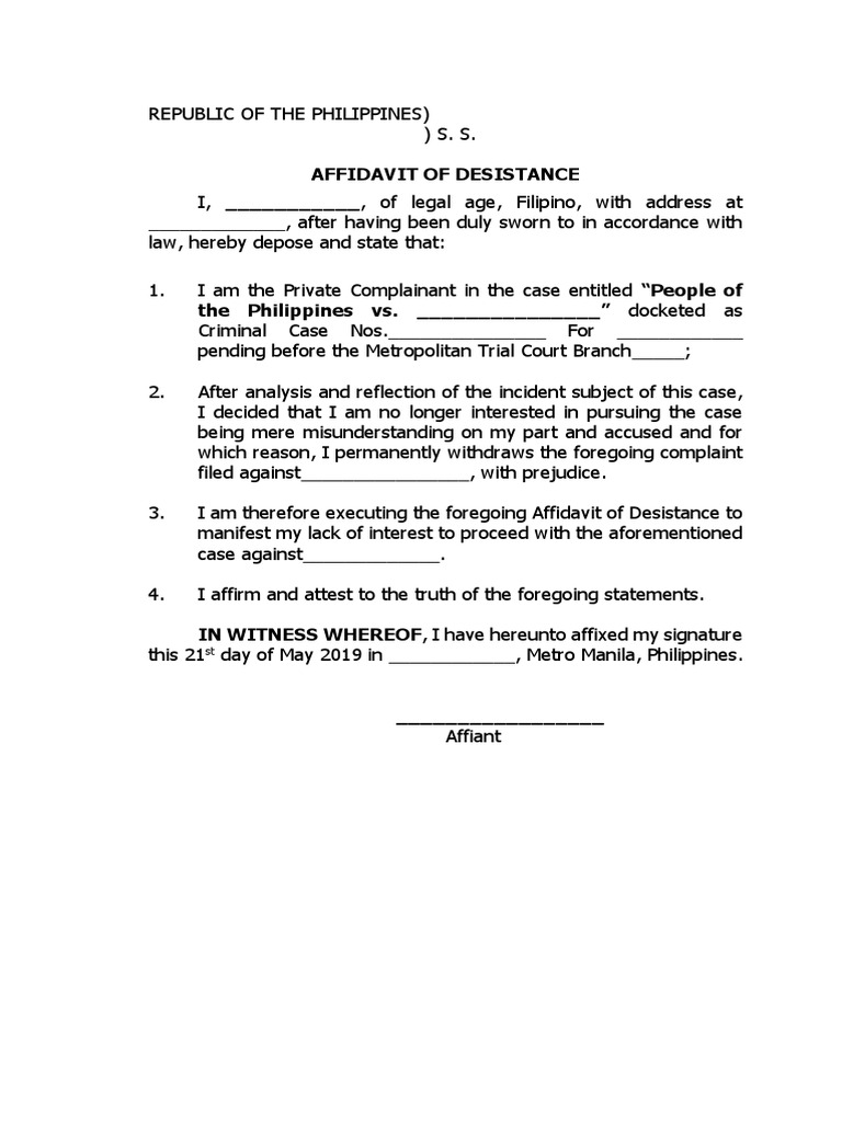 Affidavit of Desistance Sample | PDF