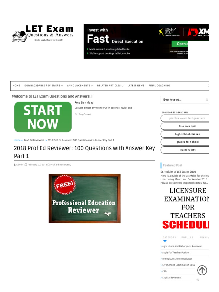 2018 Prof Ed Reviewer - 100 Questions With Answer Key Part 1 - LET EXAM ...
