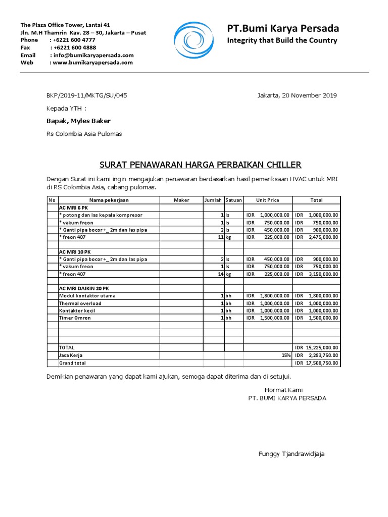 Penawaran AC Chiller Servis | PDF