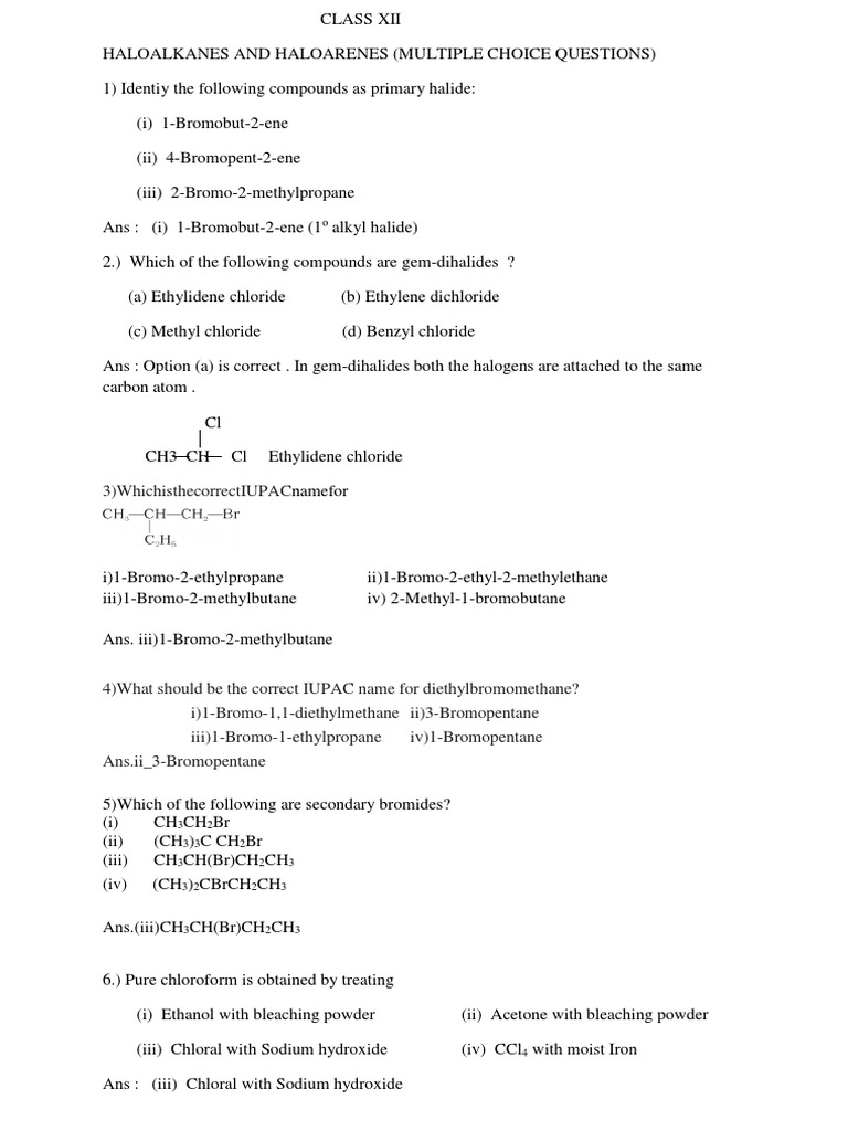 MCQ Chapter 9 Haloalkanes and Haloarenes | PDF | Atoms | Hydrogen Compounds