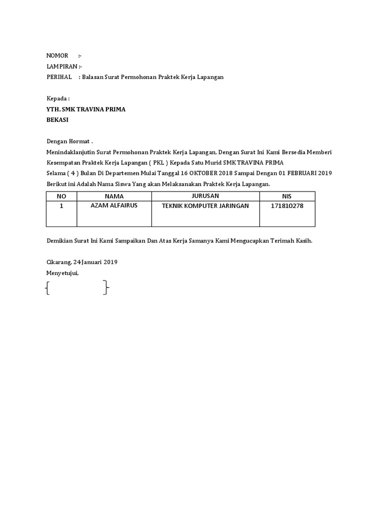 Balasan PKL untuk SMK Travina Prima | PDF | Bisnis | Teknologi & Rekayasa