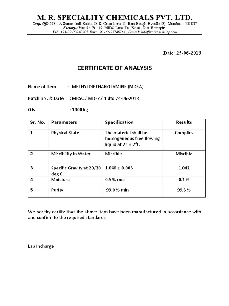COA and MSDS METHYLDIETHANOLAMINE (MDEA) | PDF | Firefighting | Fires