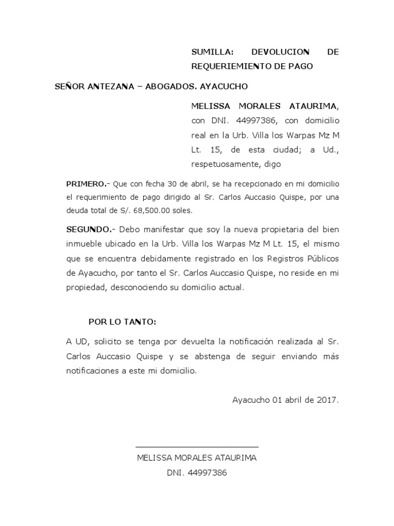 Escrito de Devolucion de Requerimiento. | PDF