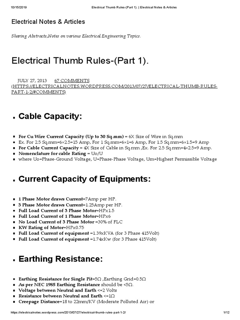 Electrical Thumb Rules - (Part 1) | PDF | Insulator (Electricity ...
