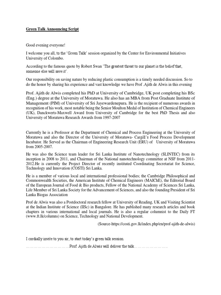 Green Talk Announcing Script | PDF | University | Science And Technology