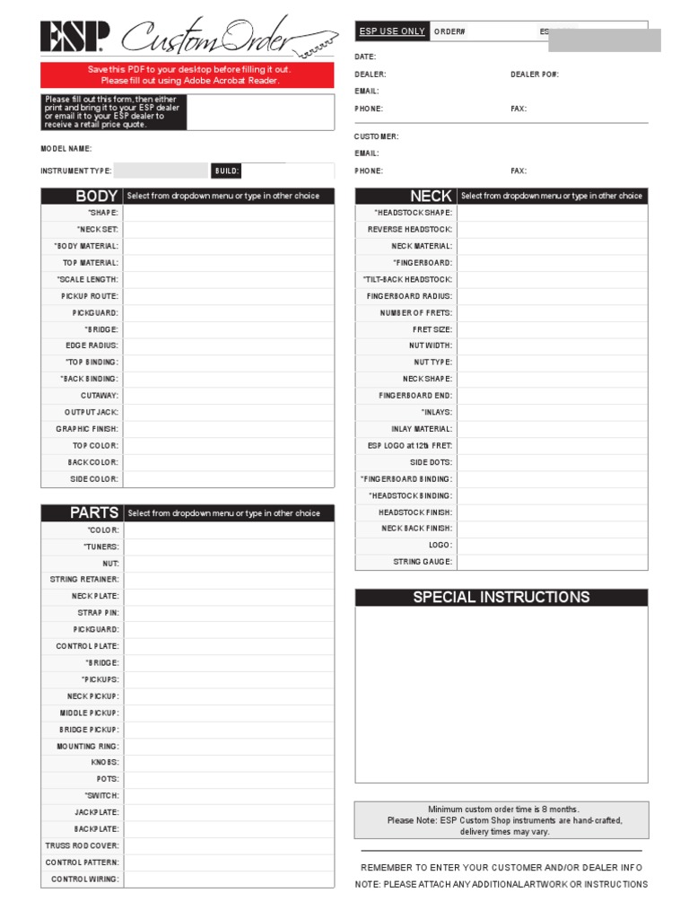 ESP CustomOrder Form | PDF | Musical Instruments | Guitars