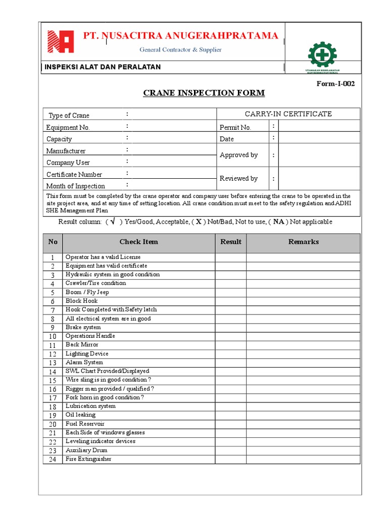 Crane Inspection | PDF | Crane (Machine) | Manufactured Goods