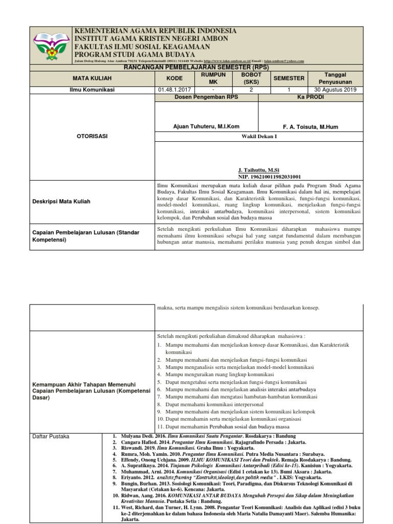 Rancangan Pembelajaran Semester (RPS) Ilmu Komunikasi Program Studi ...