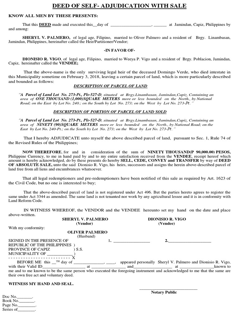 Deed of Self-Adjudication with Sale | PDF | Real Property Law | Natural ...